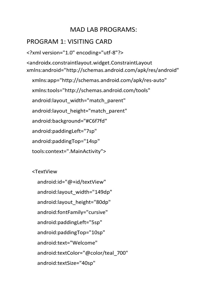 Mad Lab Programs: Program 1: Visiting Card | PDF | Android (Operating System) | String (Computer ...