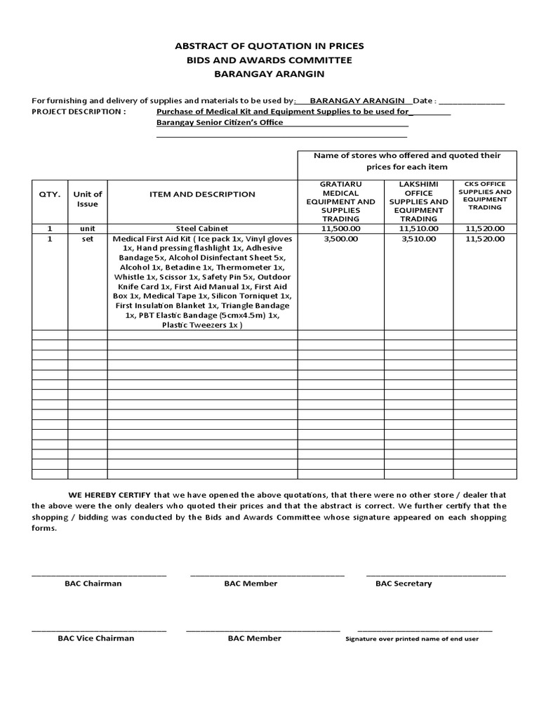 Abstract of Quotation in Prices Bids and Awards Committee Barangay ...