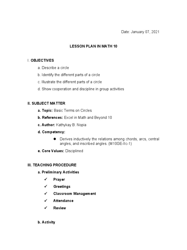 Lesson Plan in Circles | PDF | Circle | Lesson Plan