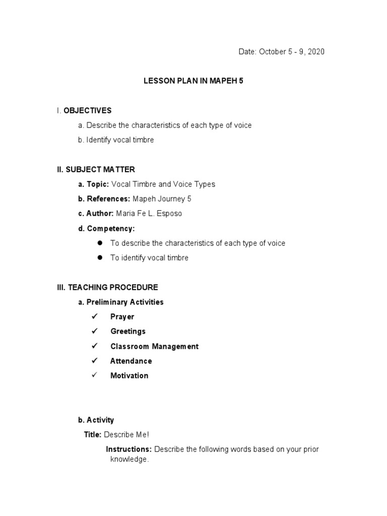 Lesson Plan in Mapeh | PDF | Human Voice | Singing
