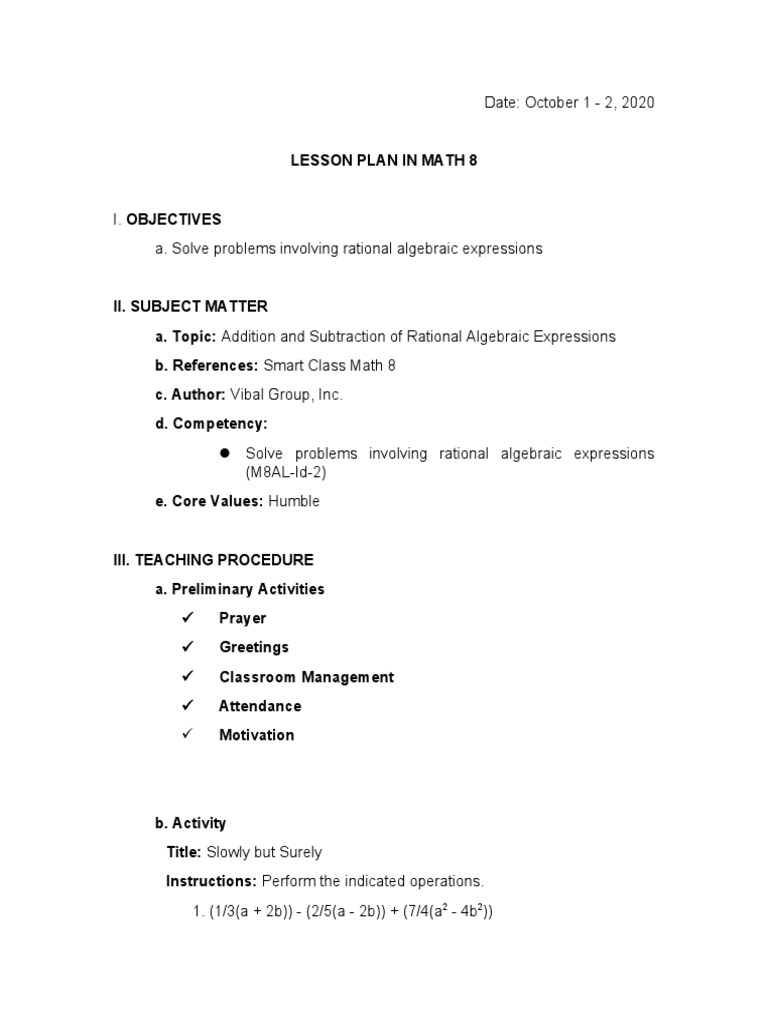 Class 8 Algebraic Expressions Plan | PDF | Mathematics | Equations
