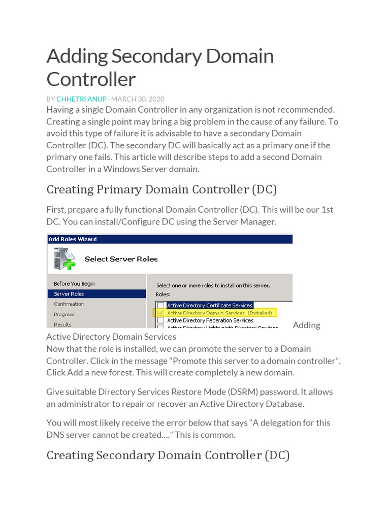 Adding Secondary Domain Controller Pdf Active Directory Network Service 8404