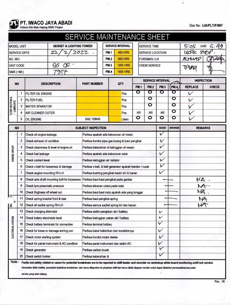 FORM SERVIS GENSET | PDF