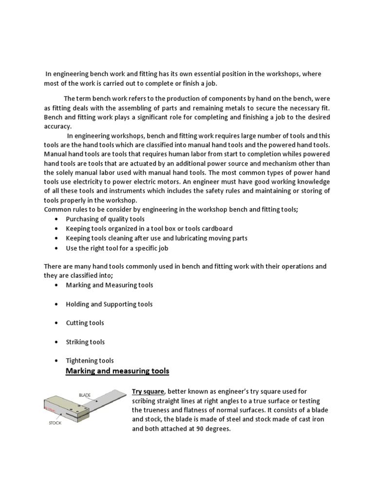 Workshop Process (Bench Work Tools) | PDF | Screw | Drill