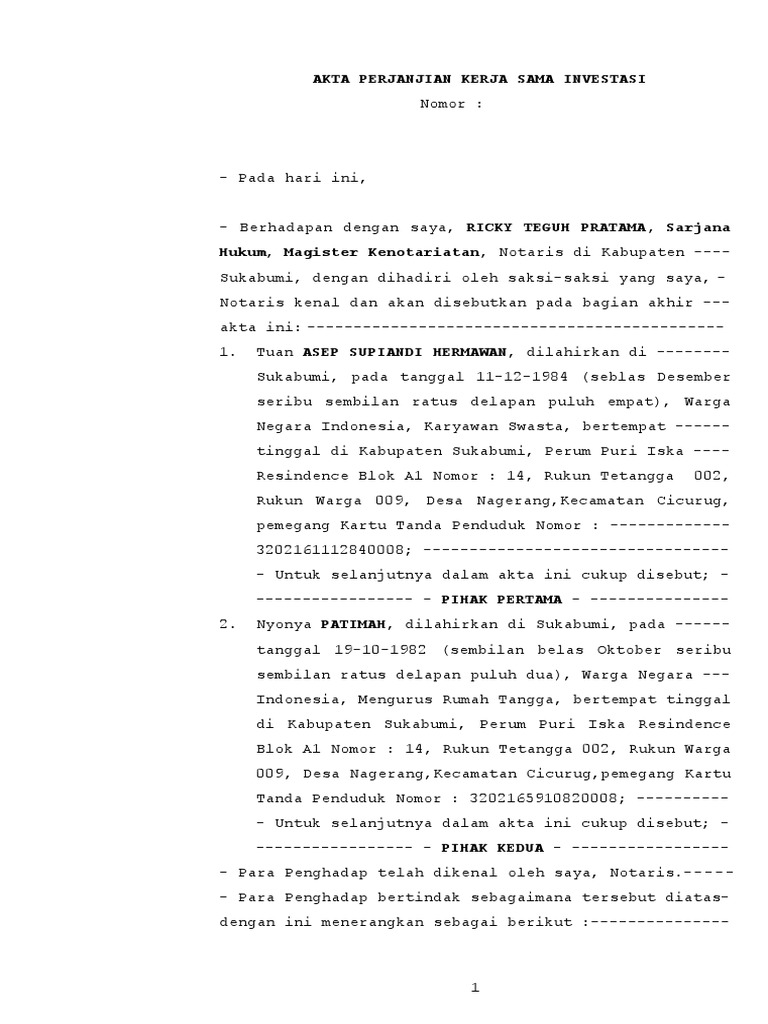 Akta Perjanjian Kerja Sama Investasi | PDF | Pengelolaan Keuangan & Uang