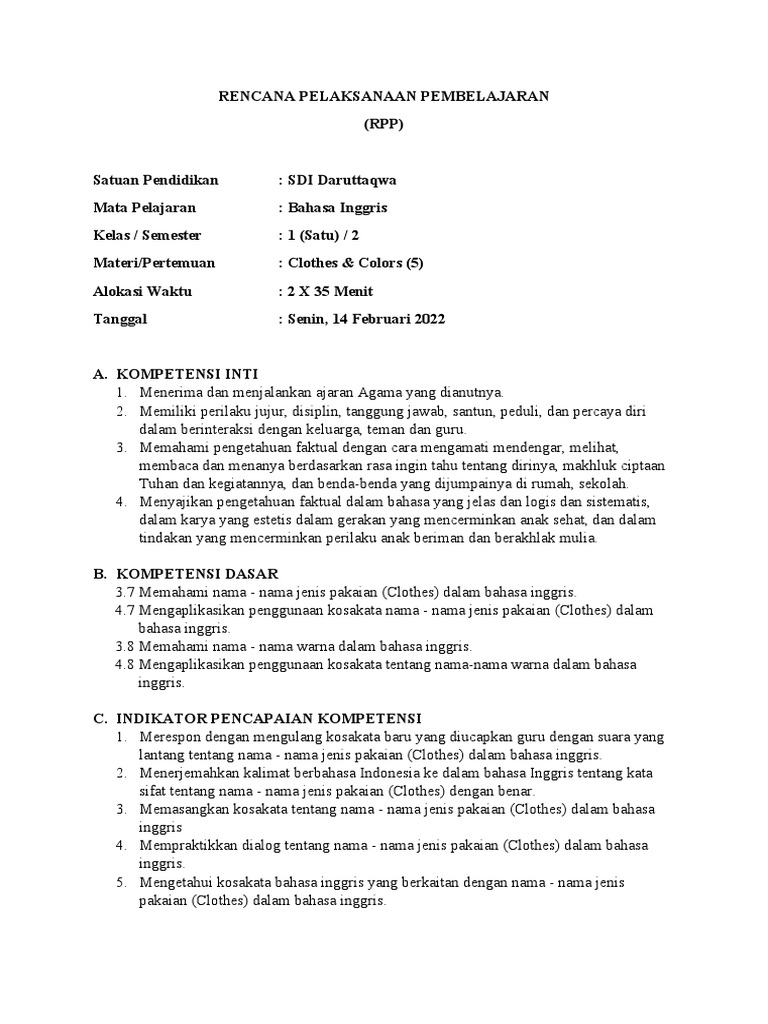 RPP Bahasa Inggris Kelas 1 Semester 2 (Clothes & Colors) Pertemuan 5 | PDF