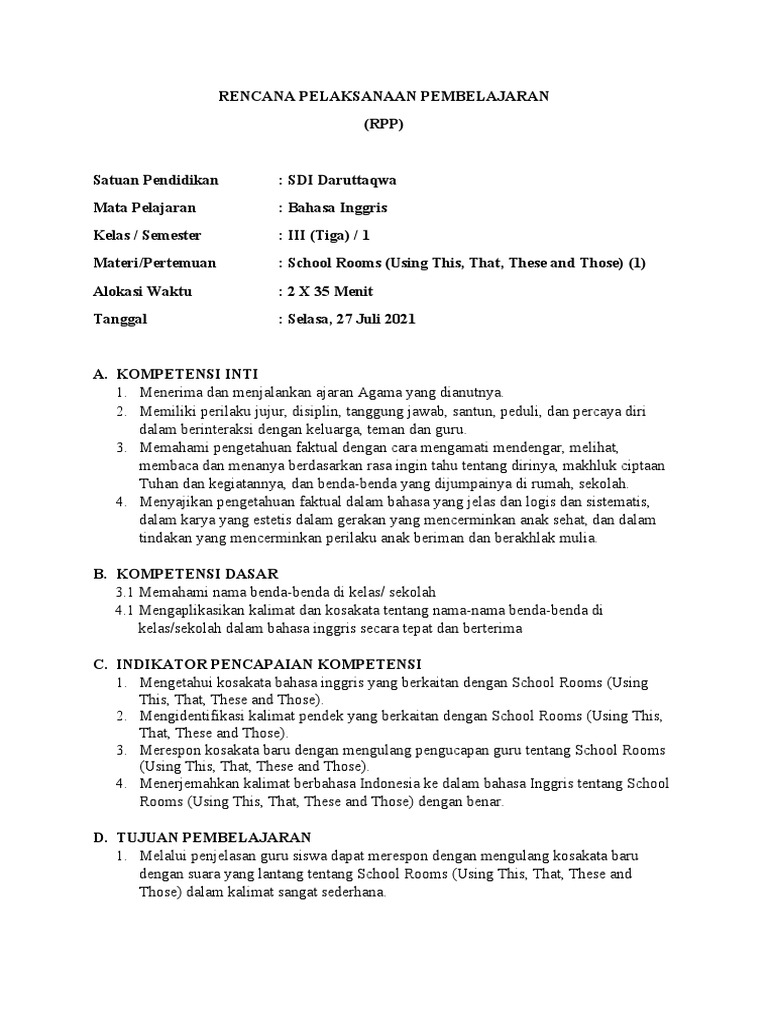 RPP Bahasa Inggris Kelas 3 Semester 1 (School Rooms) Pertemuan 1 | PDF | Karier & Perkembangan ...