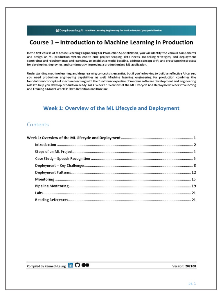 Week 1 - Overview of ML Lifecycle and Deployment | Download Free PDF | Machine Learning | Speech ...