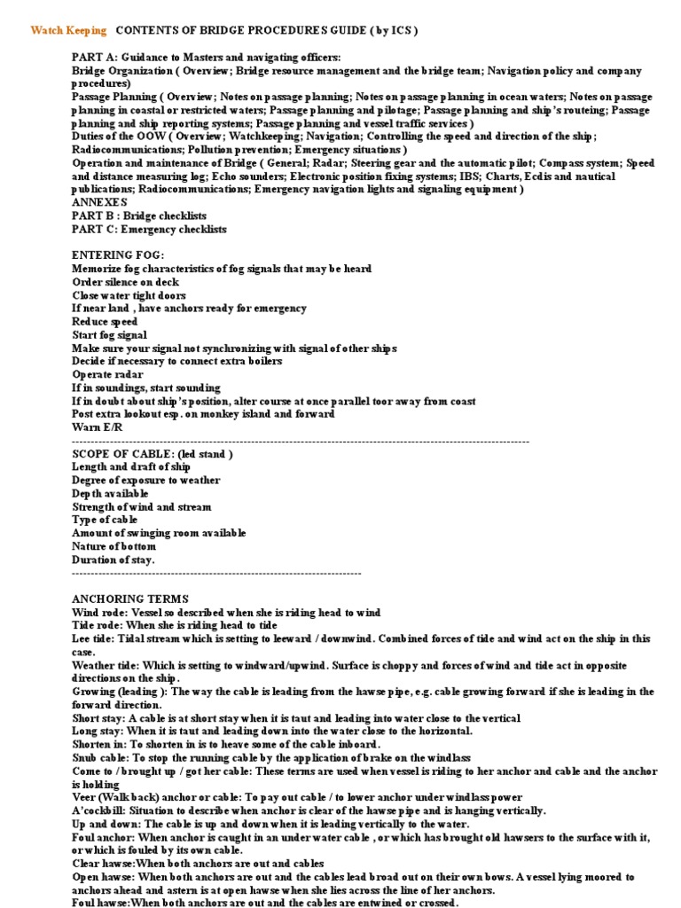 Watch Keeping Contents of Bridge Procedures Guide | PDF | Anchor | Ships