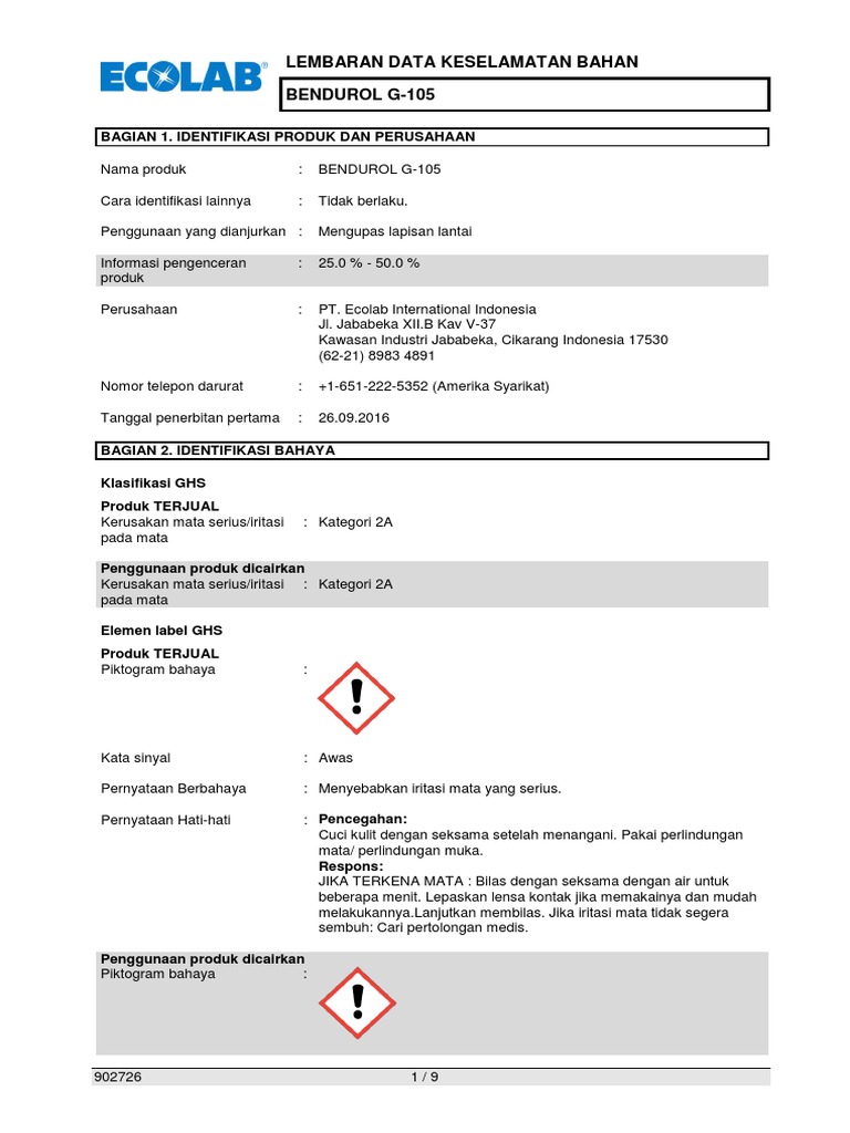 Lembar Data Keselamatan Bendurol | PDF