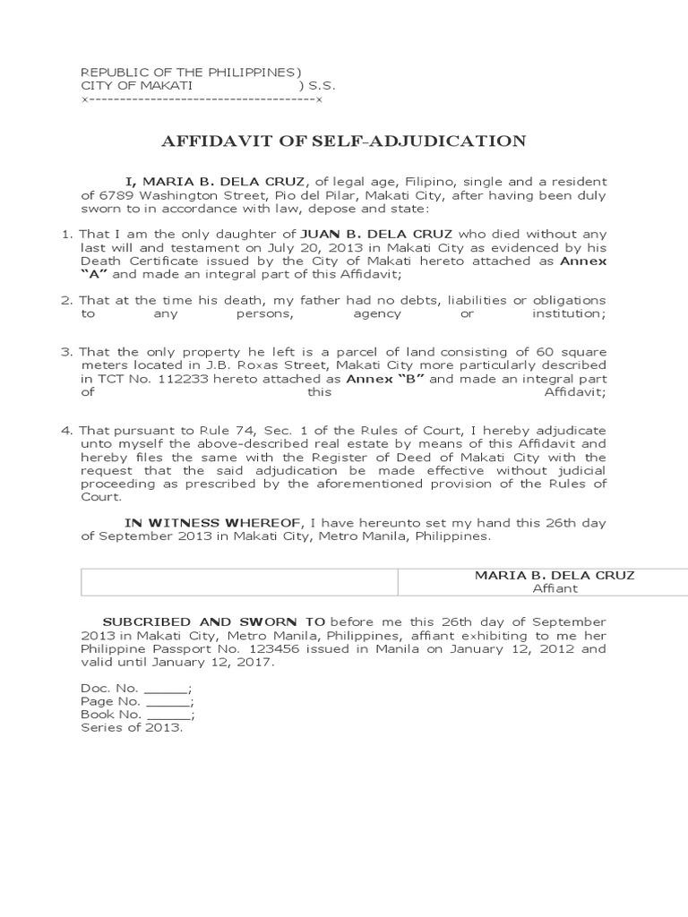 Deed of Self-Adjudication | PDF | Affidavit | Makati