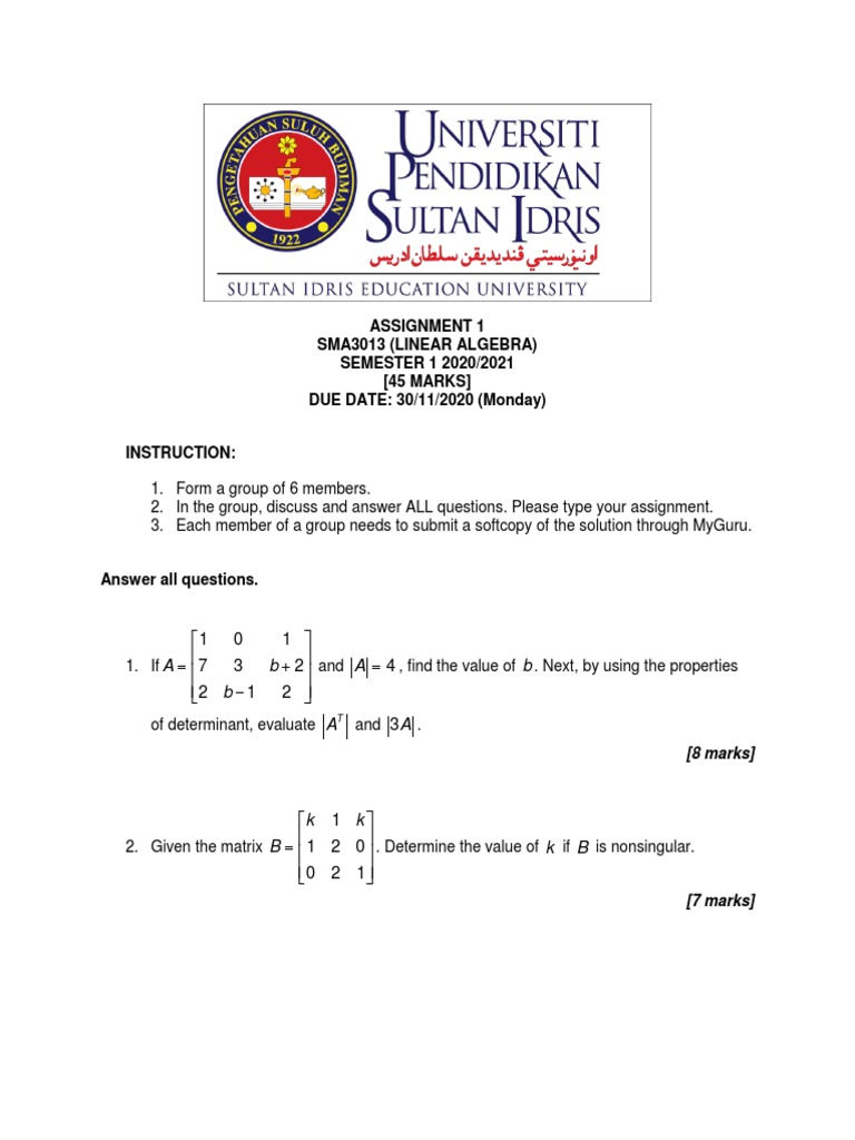 A201 - SMA3013 - Assignment 1 | PDF | Matrix (Mathematics) | Theoretical Physics