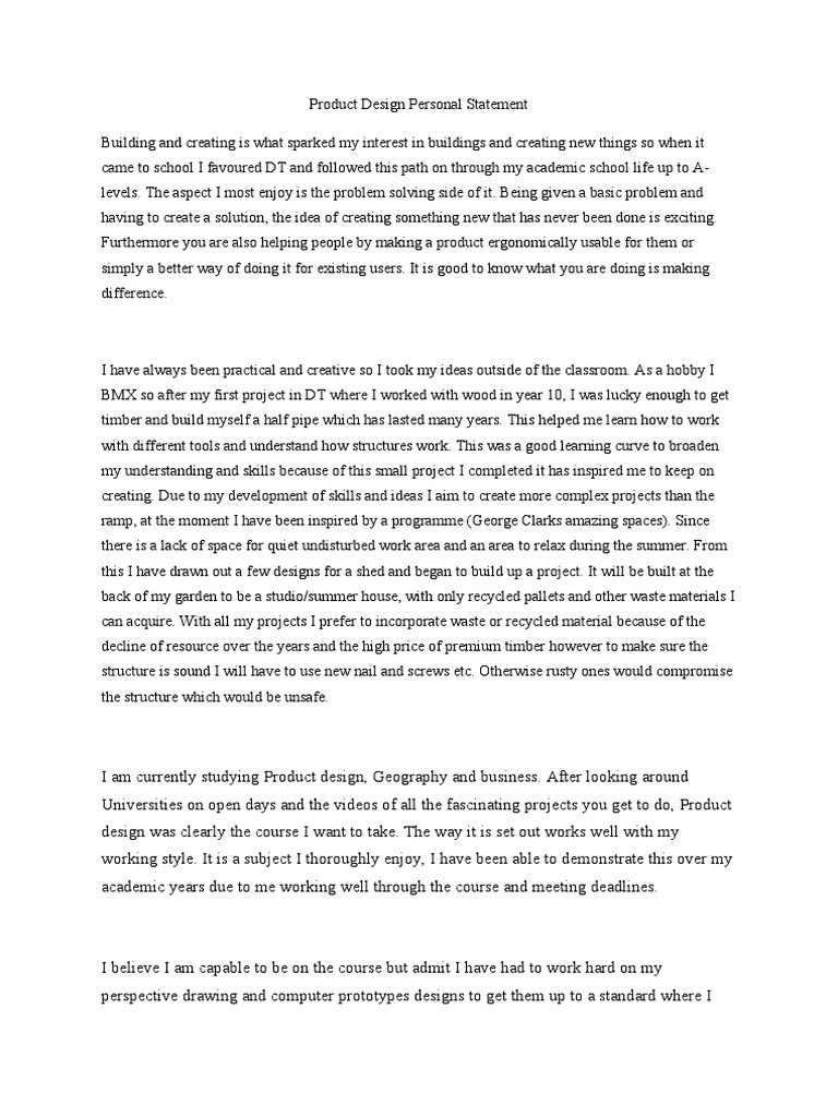 Product Design Personal Statement | PDF | Learning | Cognition Product Design Personal Statement | PDF | Learning | Cognition