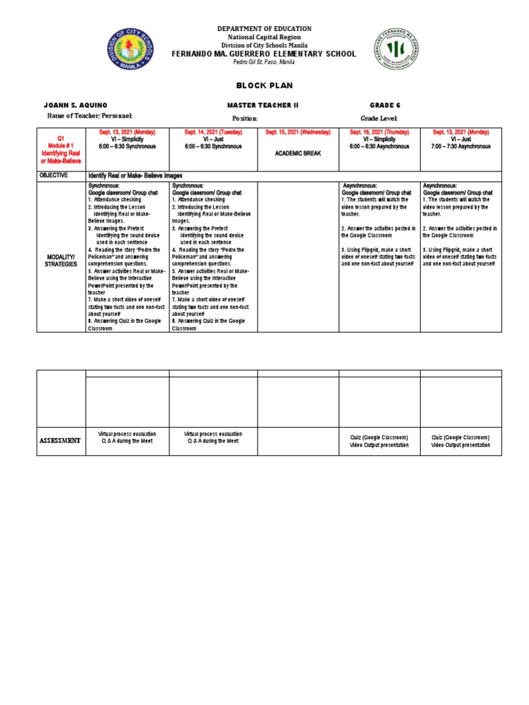 Fernando Ma. Guerrero Elementary School: Block Plan | PDF | Teachers ...