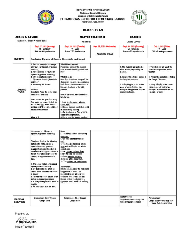 Fernando Ma. Guerrero Elementary School: Block Plan | PDF | Irony