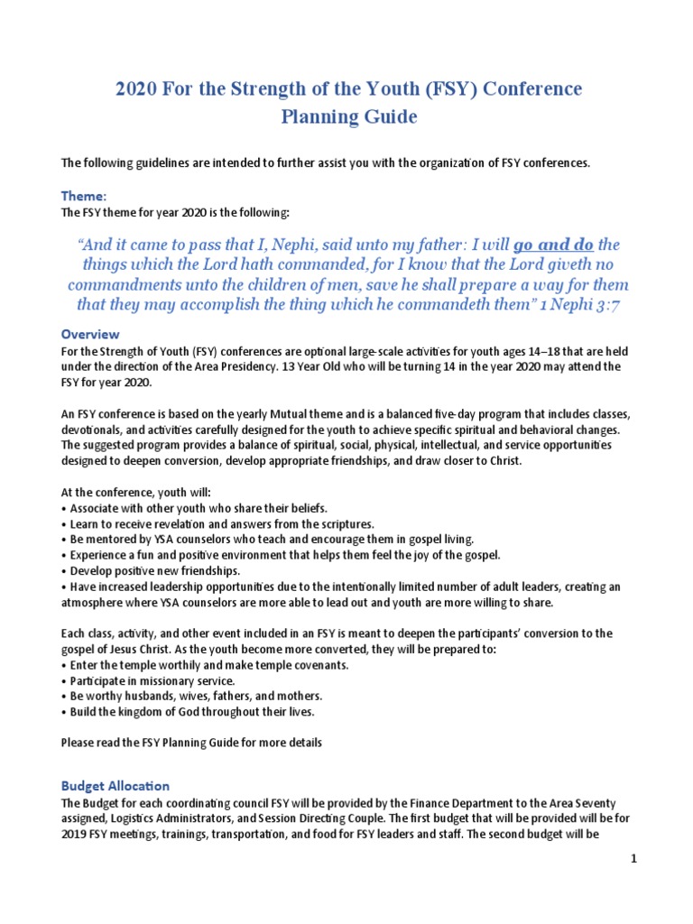 2020 For The Strength of The Youth (FSY) Conference Planning Guide ...