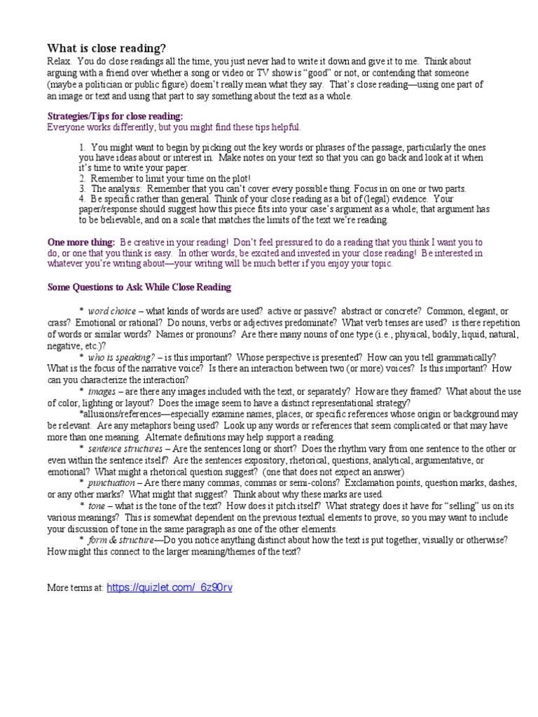 316 Close Reading Handout | PDF | Verb | Noun