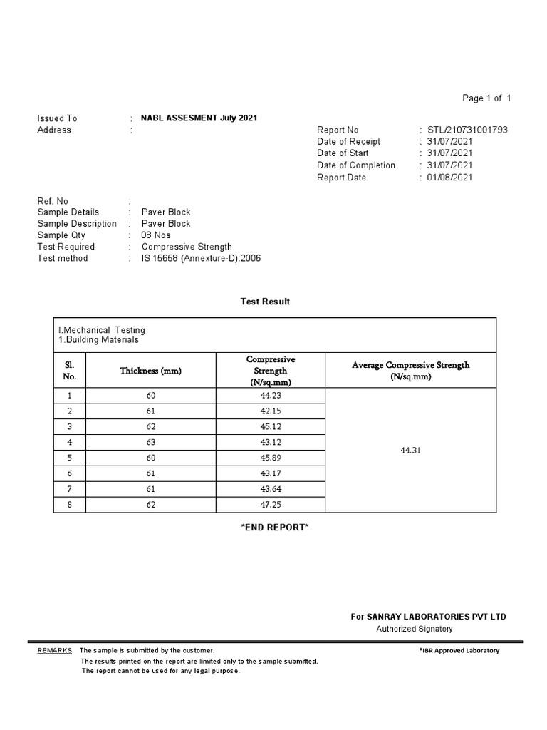 NABL Paver Block Compressive Strength Test Report | PDF | Materials ...