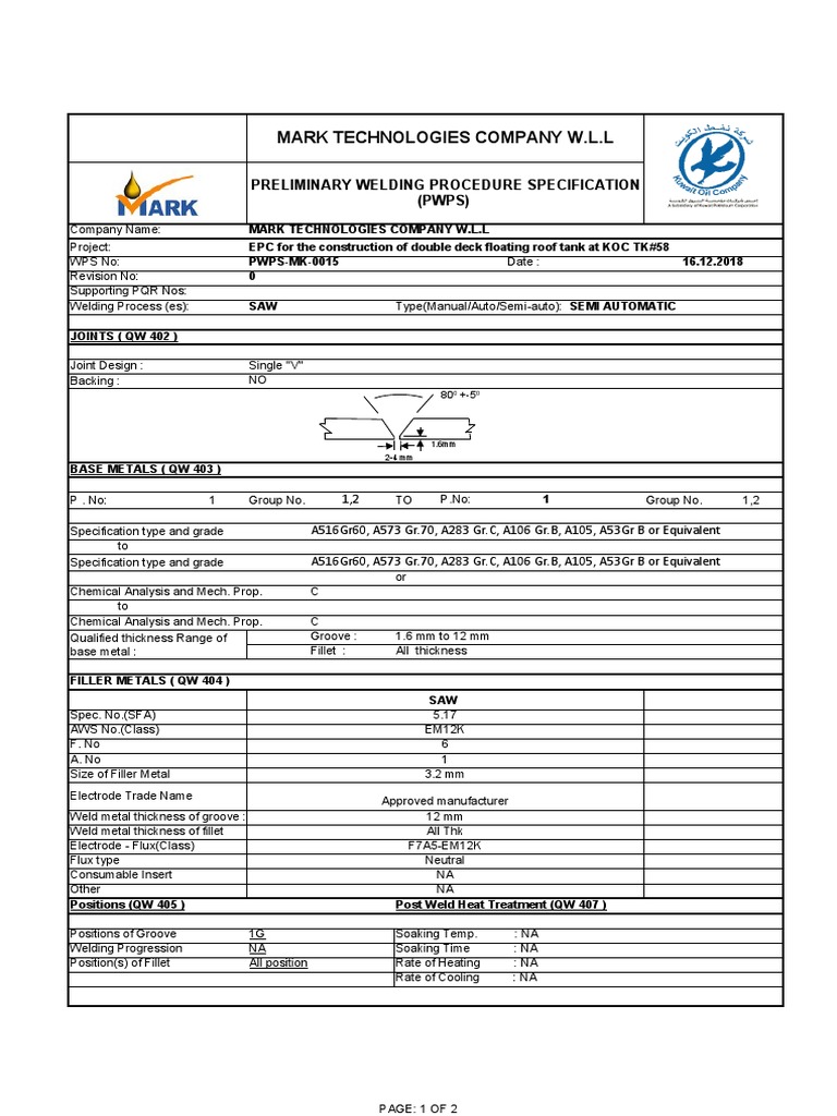 Mark Technologies Company W.L.L: Preliminary Welding Procedure ...