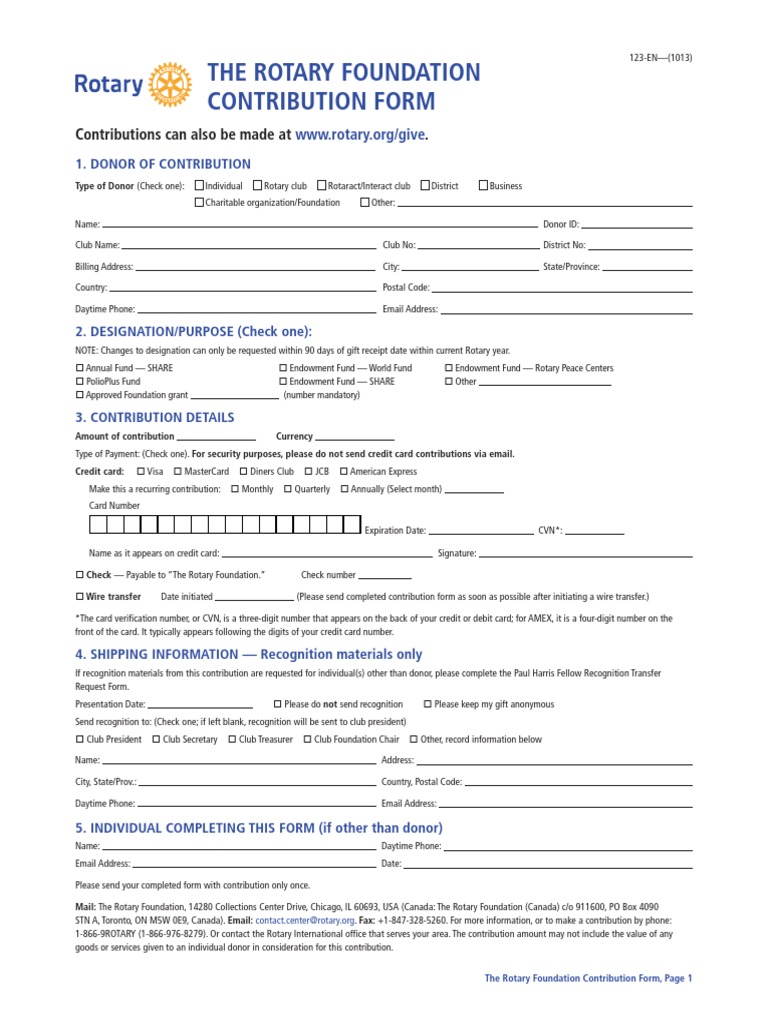 The Rotary Foundation Contribution Form | PDF | Credit Card | American ...