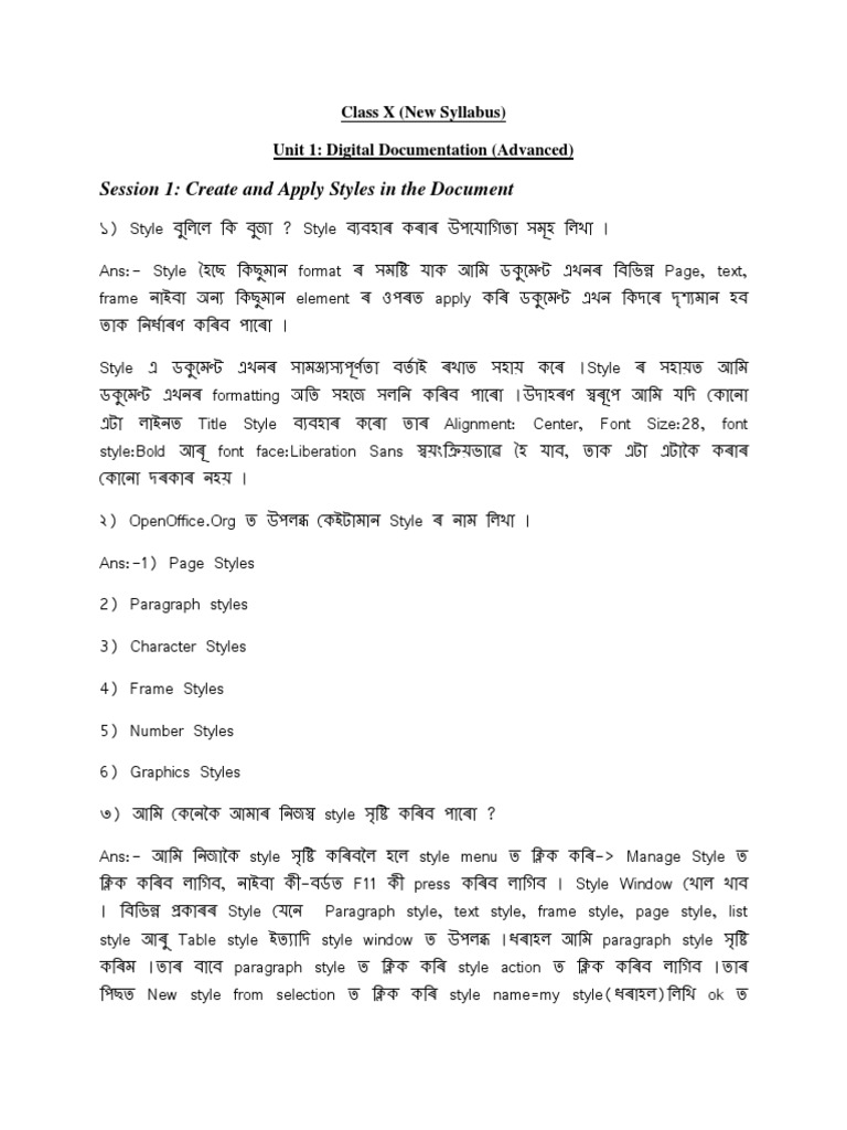 Session 1: Create and Apply Styles in The Document: Class X (New Syllabus) Unit 1: Digital ...