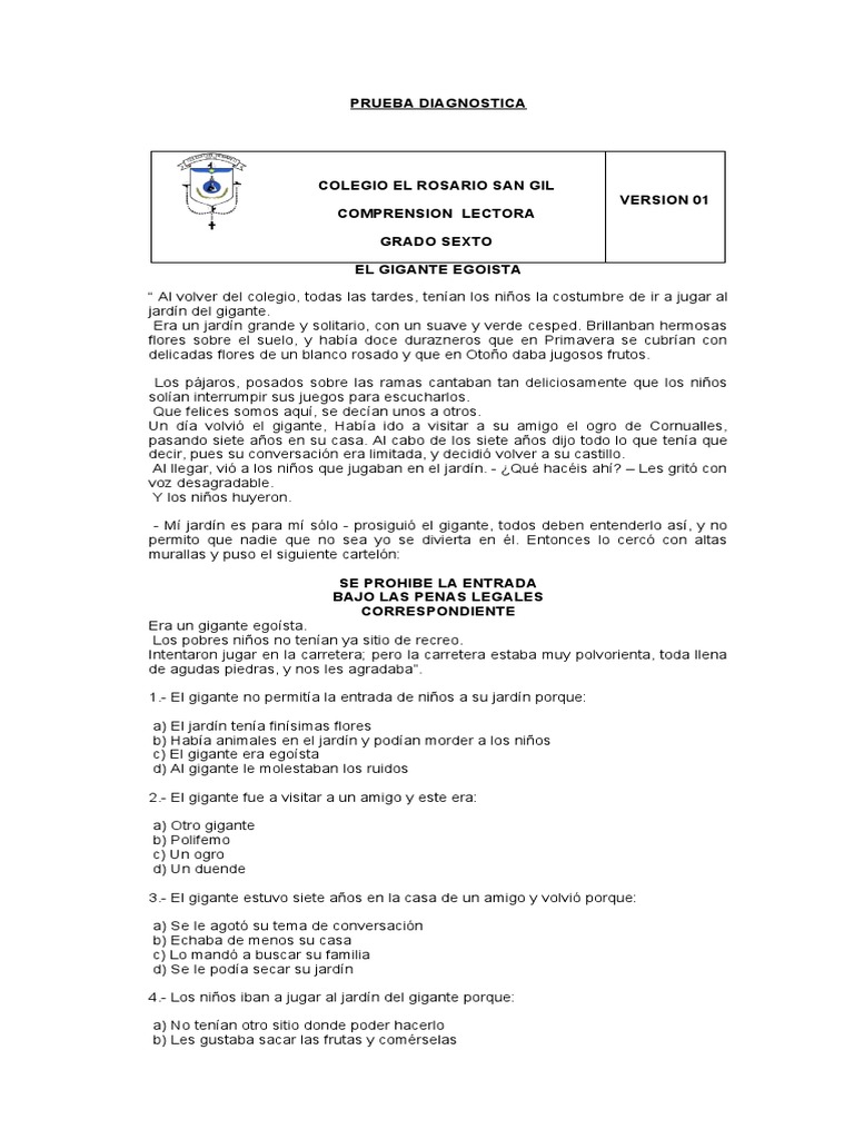 Prueba Diagnostica - Grado Sexto | PDF