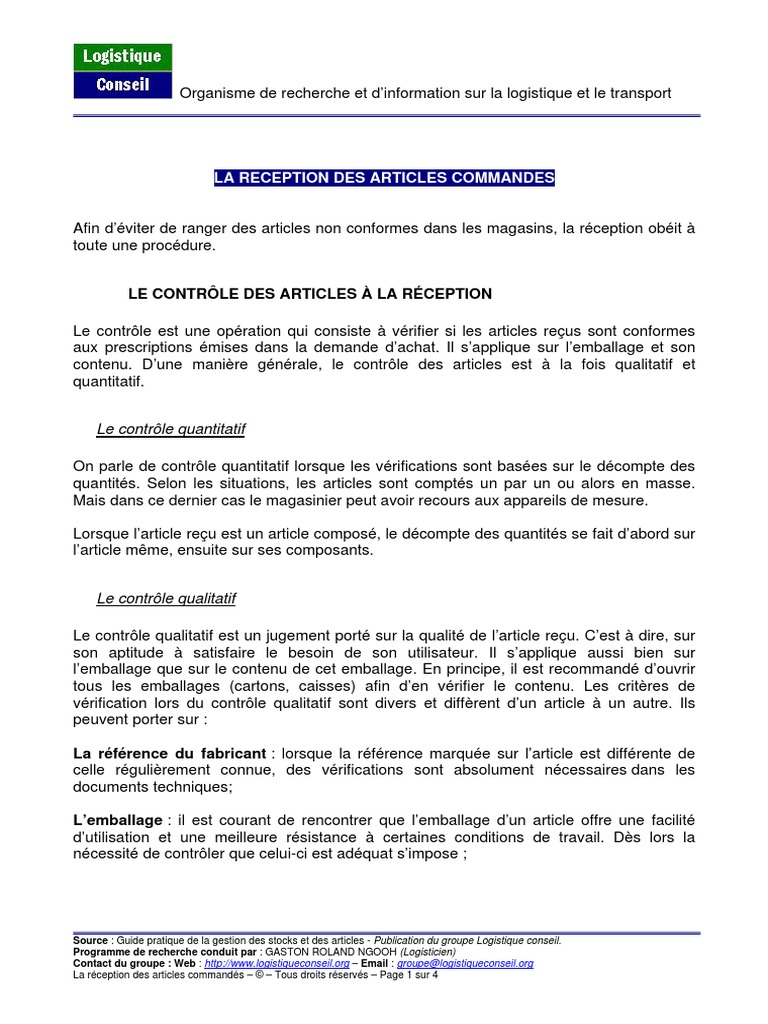 Reception Et Controle | PDF | Logistique | Inventaire