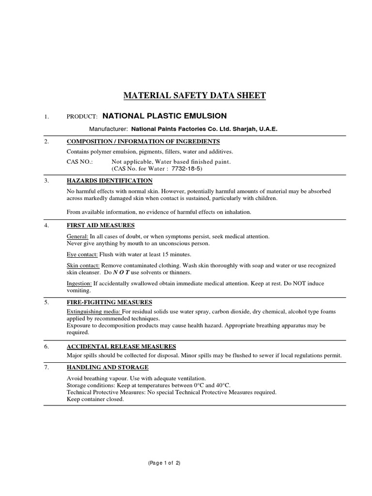 Safety Data Sheet for National Plastic Emulsion Paint | PDF | Water | Paint