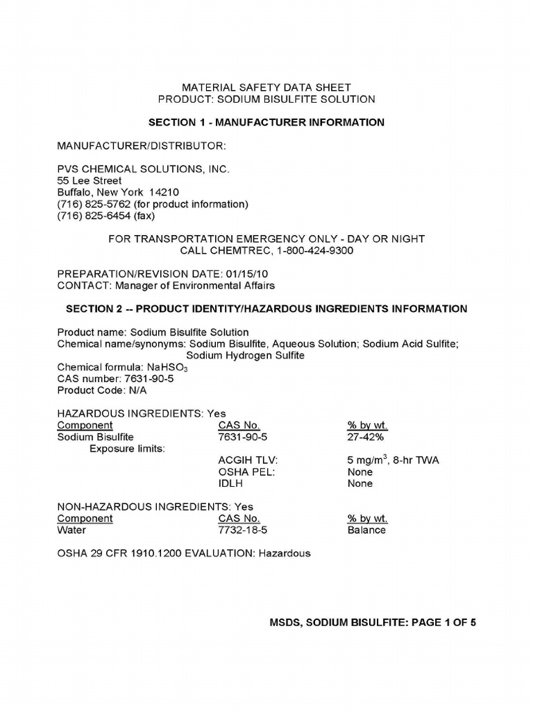 Sodium Bisulfite - MSDS | PDF | Sulfur Dioxide | Water