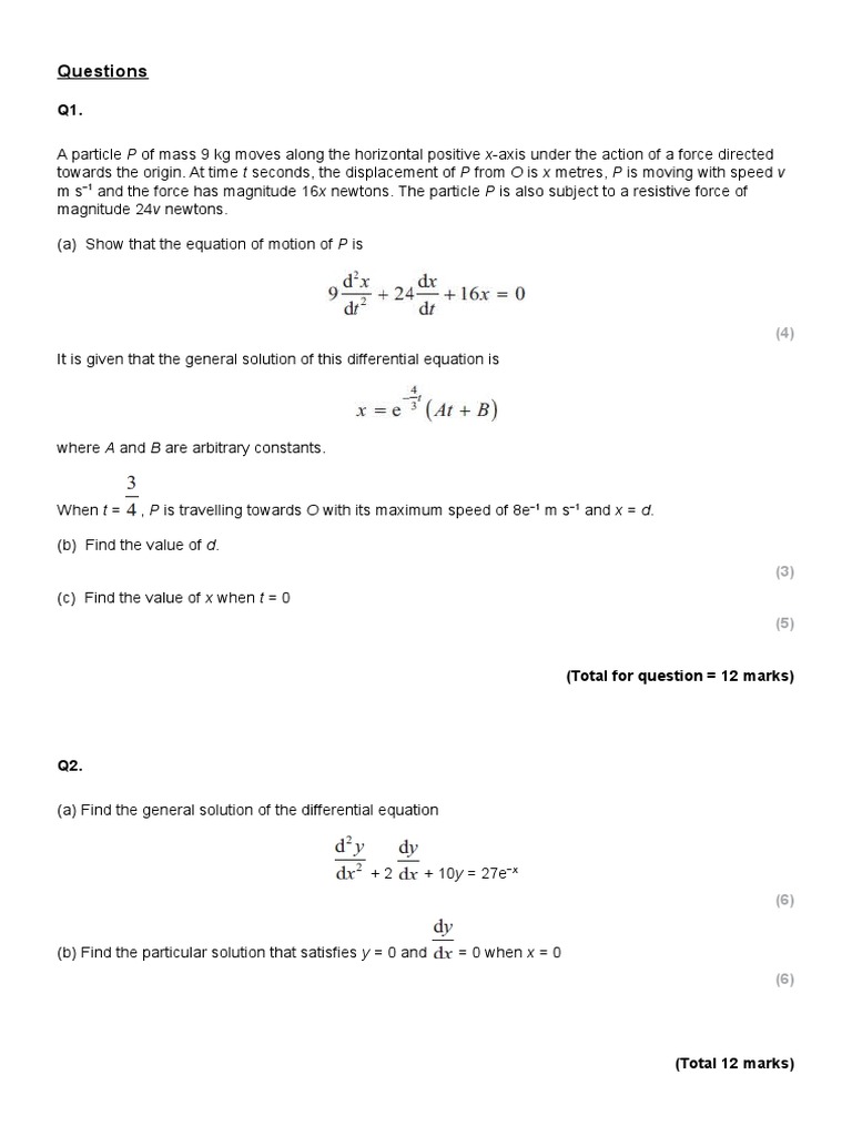 6) A Level Further Maths Second Order Differential Equations QP | PDF ...