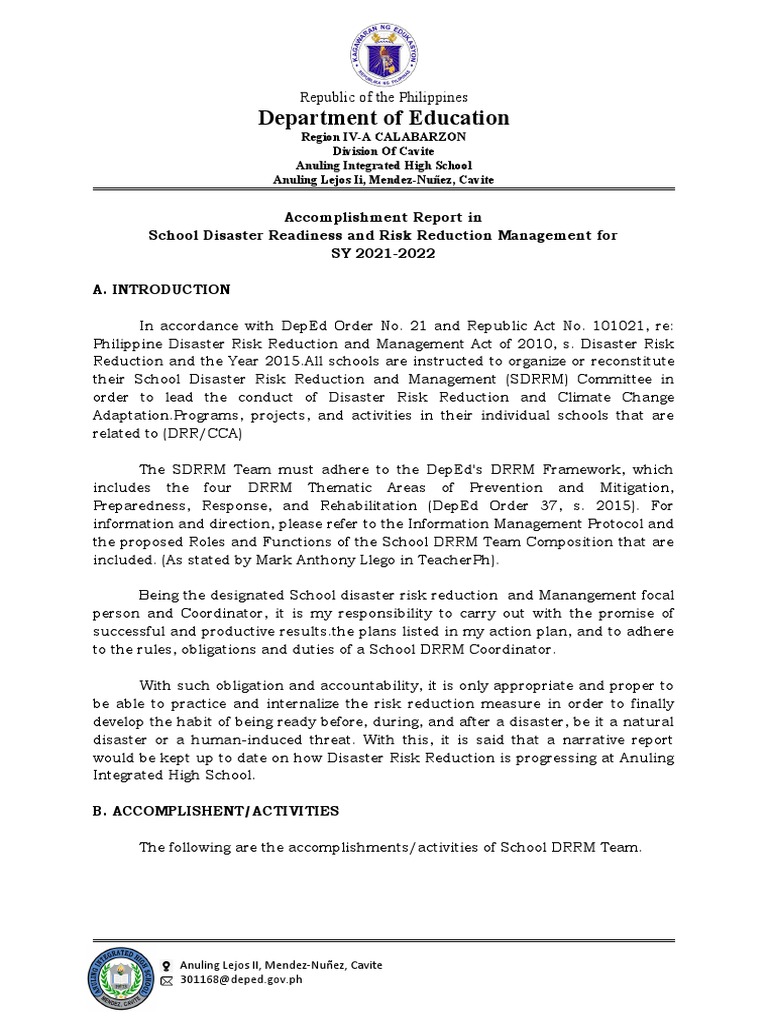 Accomplishment Report DRRR 2021-2022 | PDF | Emergency Management ...
