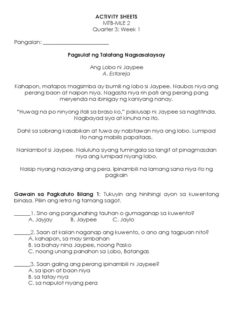Activity Sheets 3RD Grading | PDF