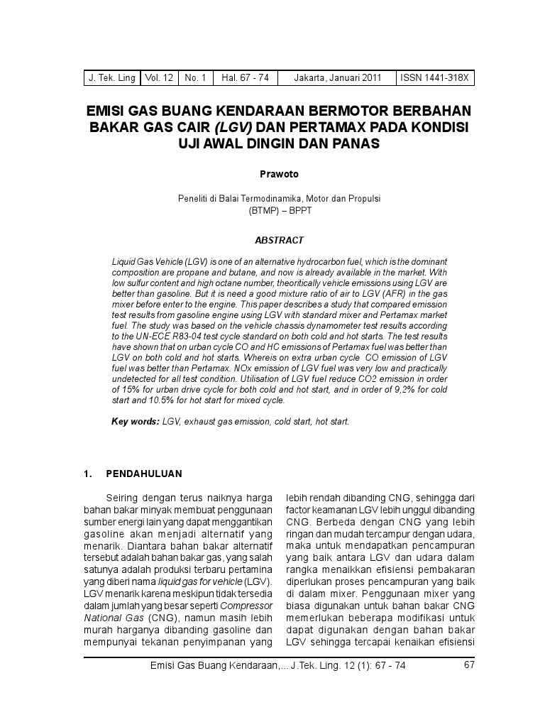 Emisi Gas Buang Kendaraan Bermotor Berbahan Bakar Gas Cair (LGV) Dan Pertamax Pada Kondisi Uji ...