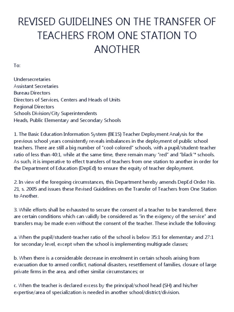 Revised Teacher Transfer Guidelines | PDF | Teachers | Justice