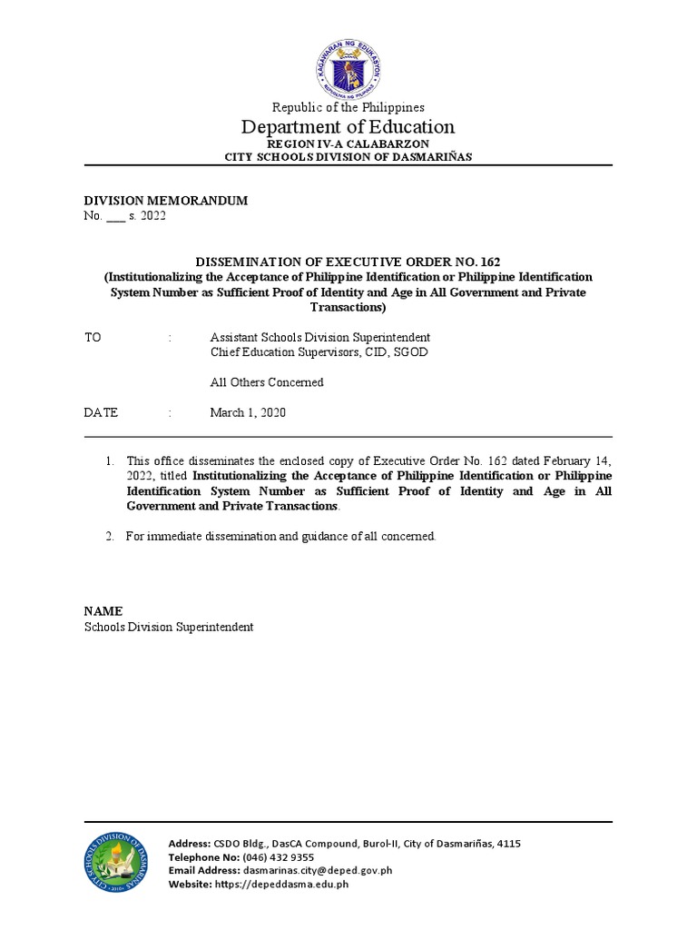 Memo For Dissemination of EO 162 | PDF
