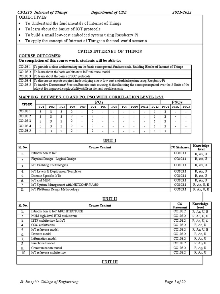 CSE IoT Course Outcomes Raspberry Pi | PDF | Internet Of Things ...