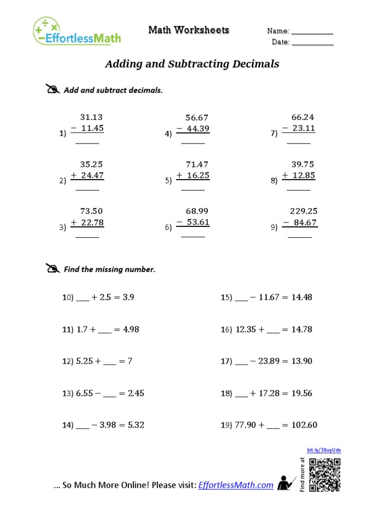 Worksheets On Adding And Subtracting Decimals Grade 4 Adding And