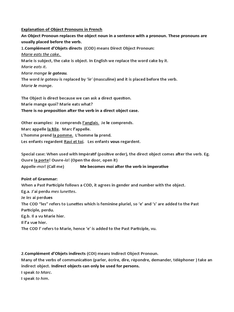 Explanation of Object Pronouns in French | PDF | Grammatical Gender | Verb