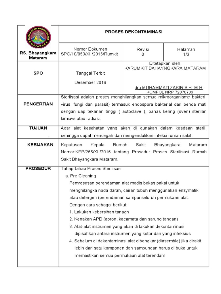 SOP Proses Dekontaminasi | PDF | Sains & Matematika