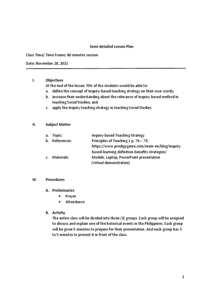 Semi-Detailed Lesson Plan | Download Free PDF | Inquiry Based Learning ...