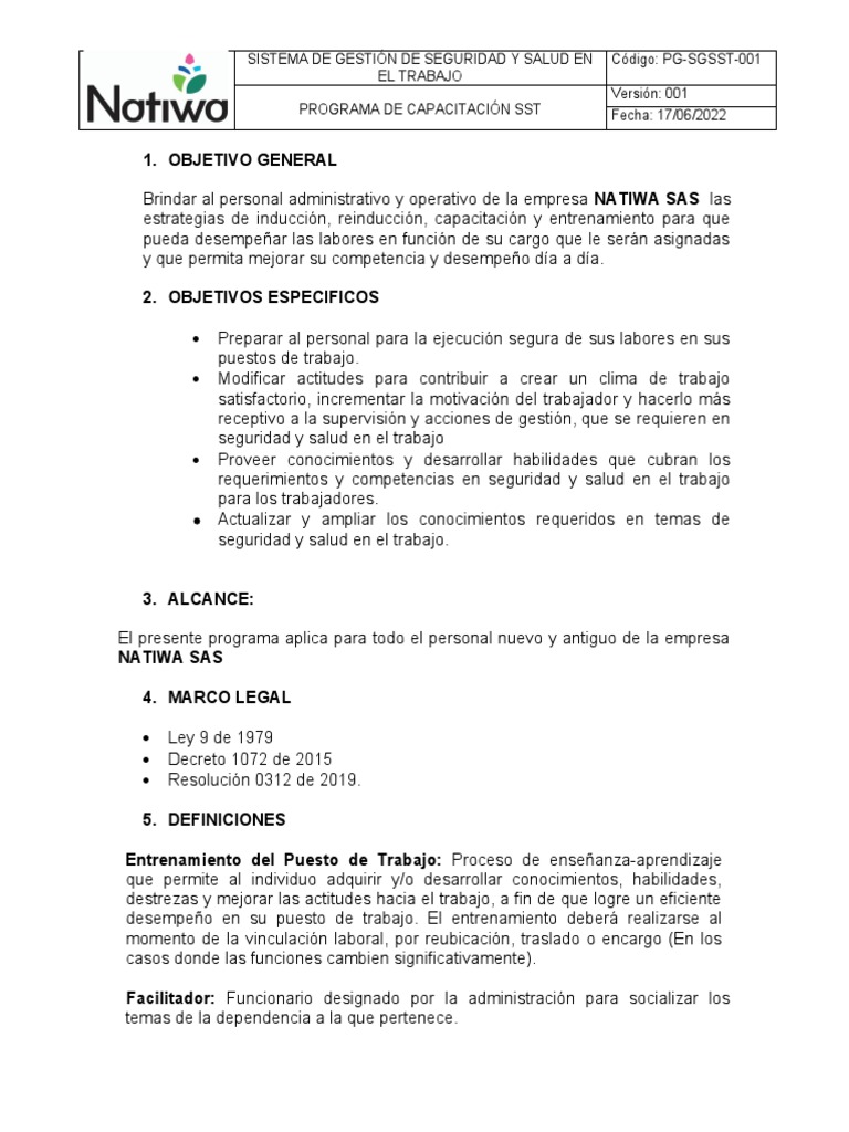 PG-SGSST-001 Programa de Capacitación SST | PDF | Business | Valores