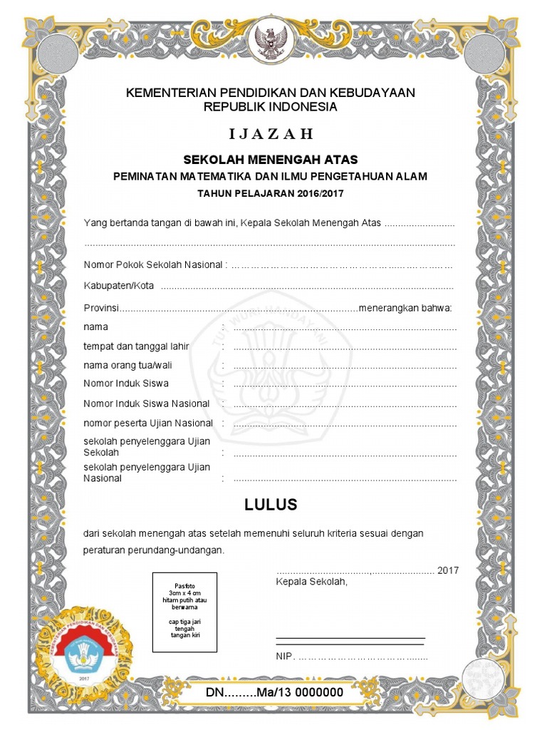 Ijazah Sma Ipa 2017 | PDF