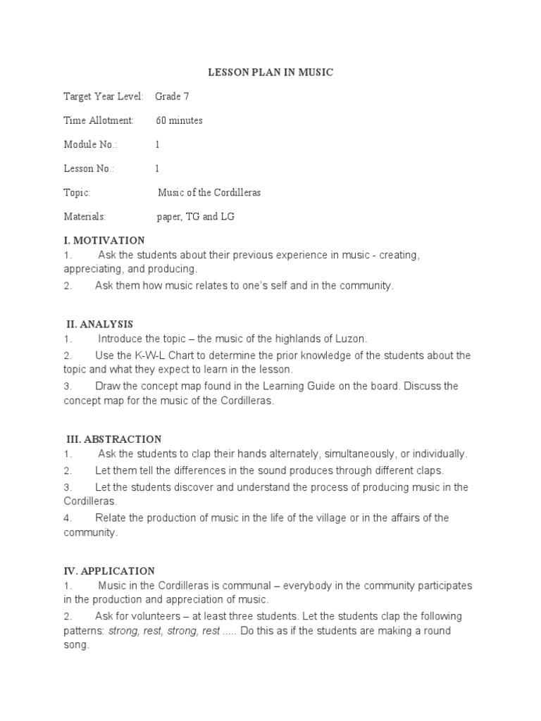 Lesson Plan in Music | PDF | Lesson Plan | Psychology
