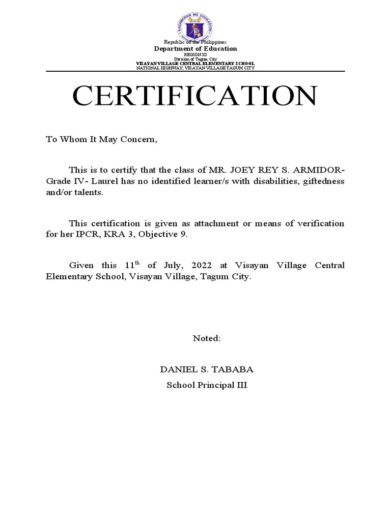 Certification: Department of Education | PDF