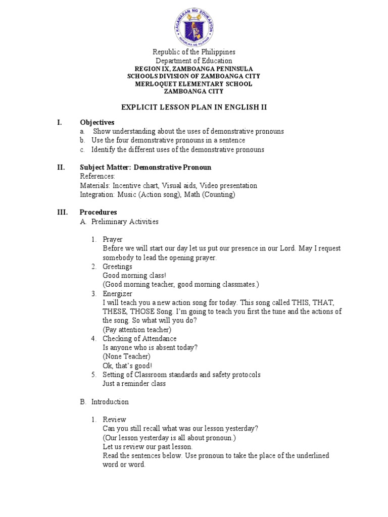 Explicit Lesson Plan on Demonstrative Pronouns for English II Students | PDF | Butterfly | Dream