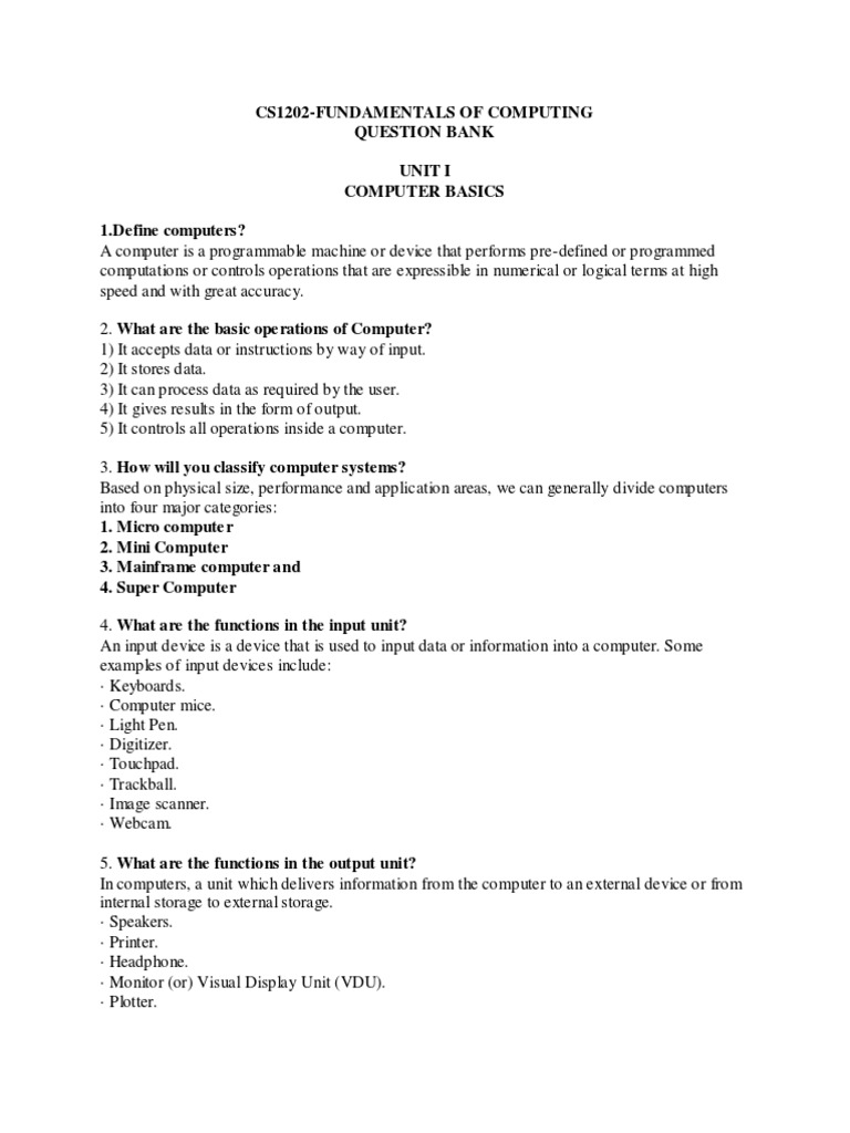 Fundamentals of Computing: Question Bank on Computer Basics and ...