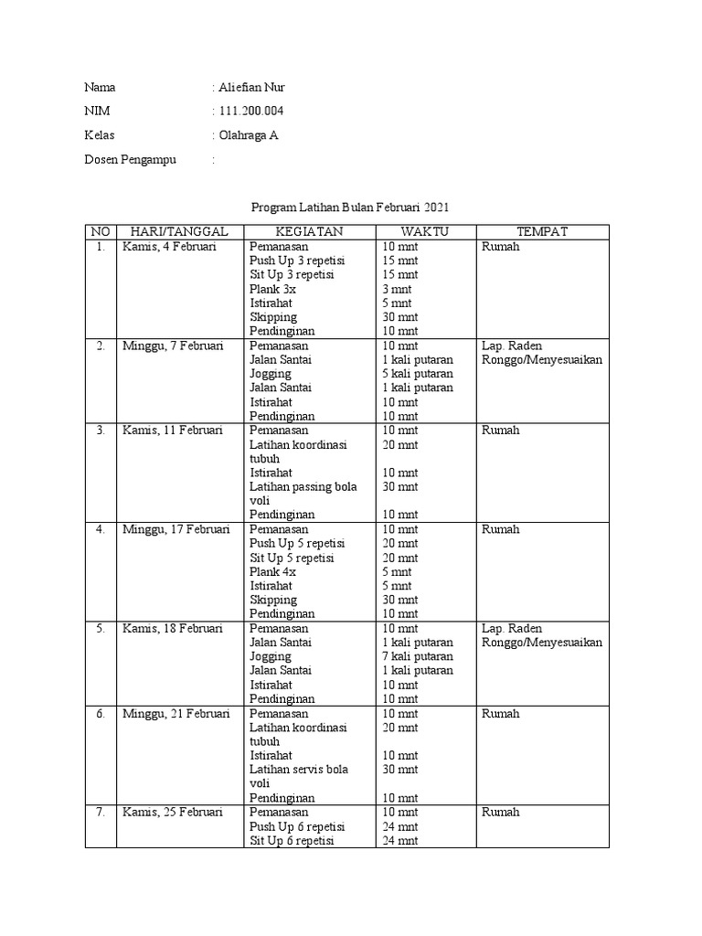 Program Latihan Olahraga 2021 | PDF