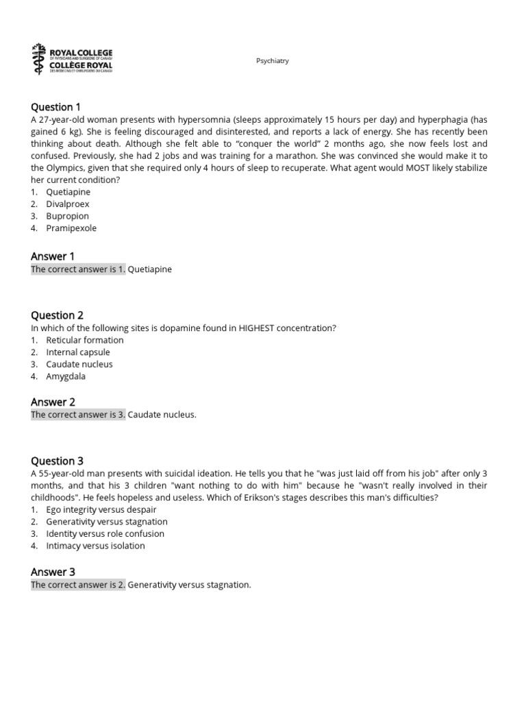 Psychiatry MCQ Sample Exam e | PDF | Alcoholism | Psychiatry