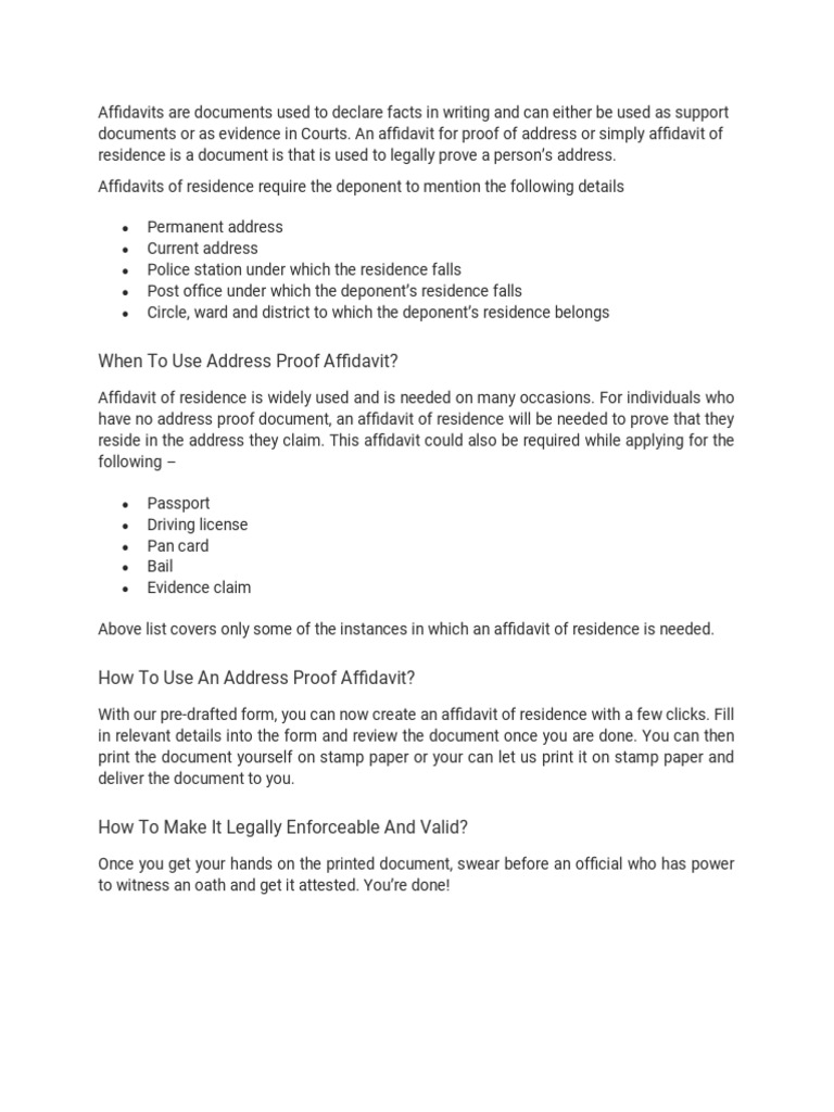 Affidavit For Address Proof | PDF | Affidavit | Document