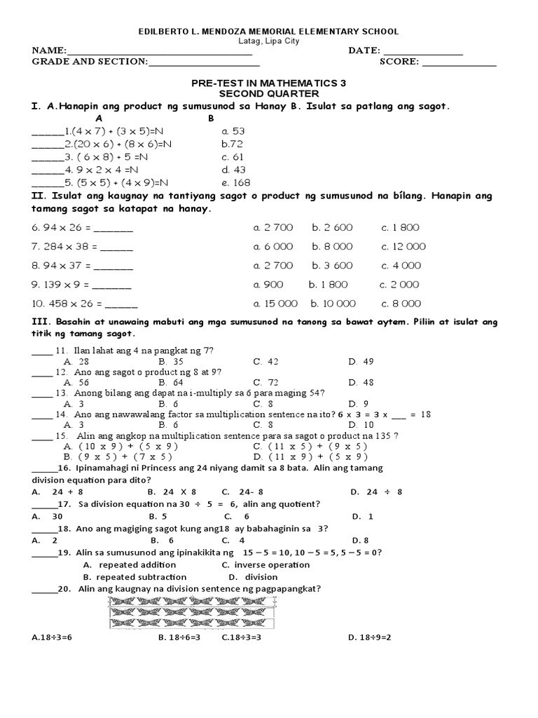 2nd Quarter PRETEST ALL SUBJECTS GRADE 3 | PDF